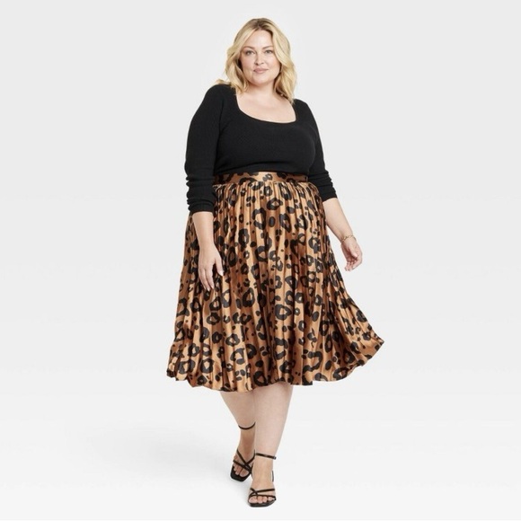 Ava & Viv | Skirts | Ava Viv Leopard Print Pleated A Line Satin Midi ...